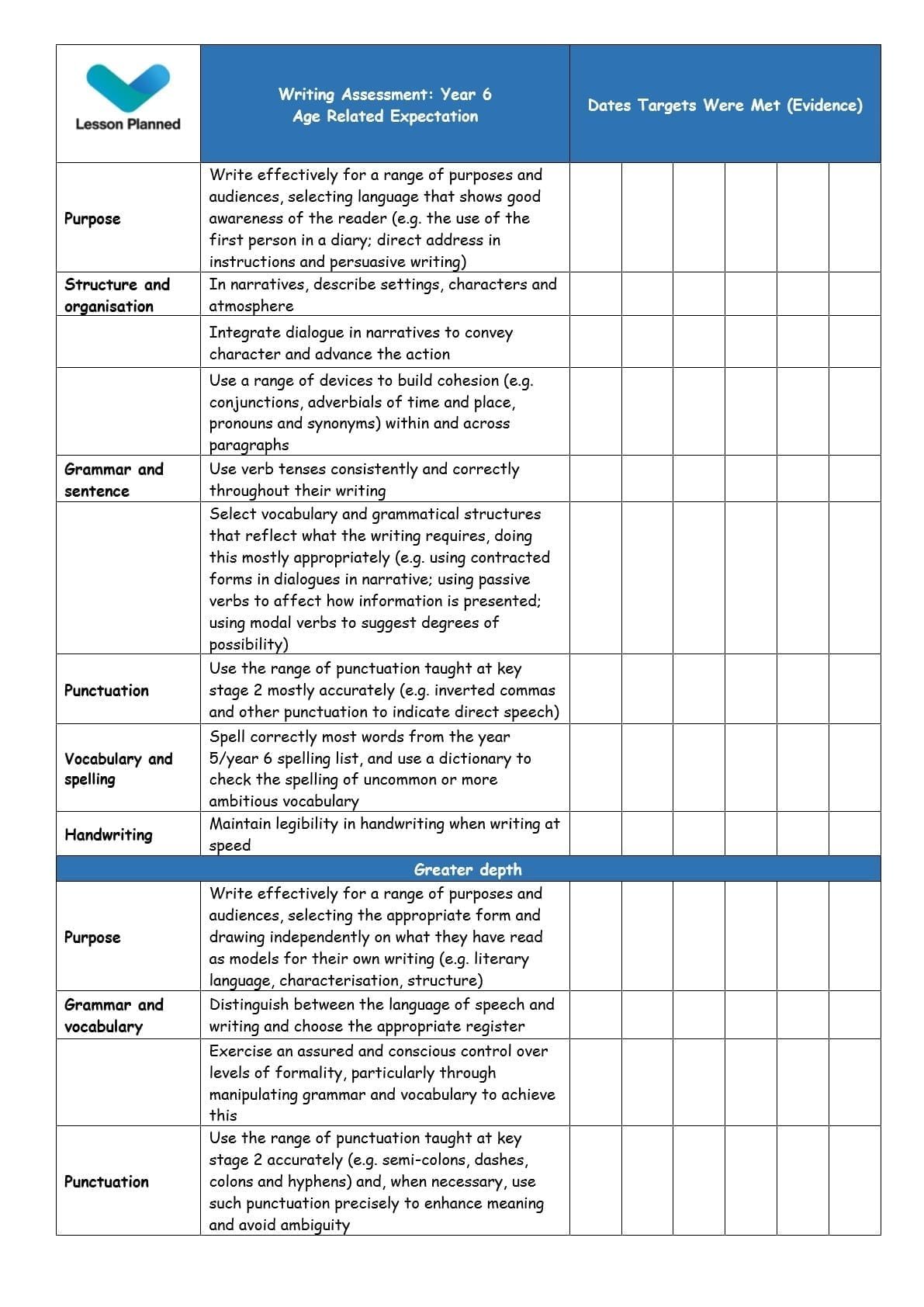 Writing Moderation Assessment Grid Reception Year 6 Lesson