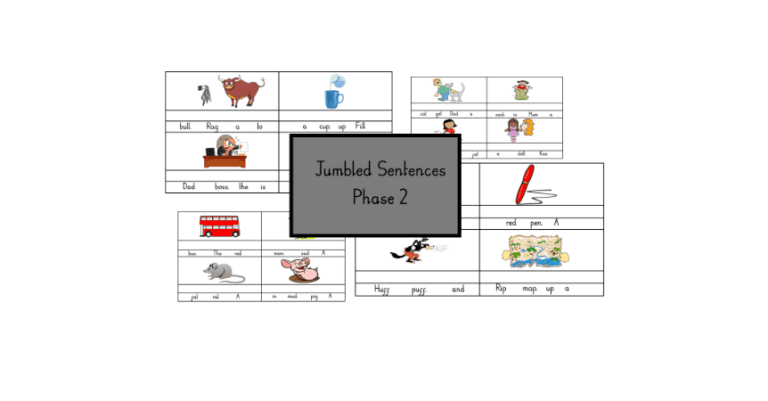 Phase 2 Phonics: Unscramble Simple Sentences with Pictures on 5 Worksheets