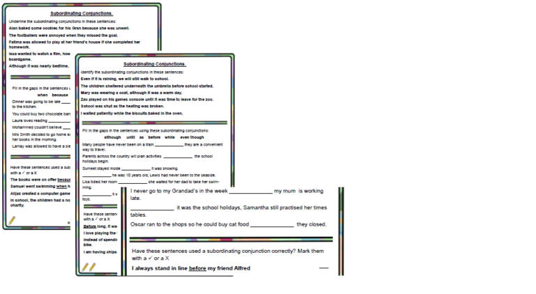 Subordinating and Coordinating Conjunctions Activity Sheets, Passages ...