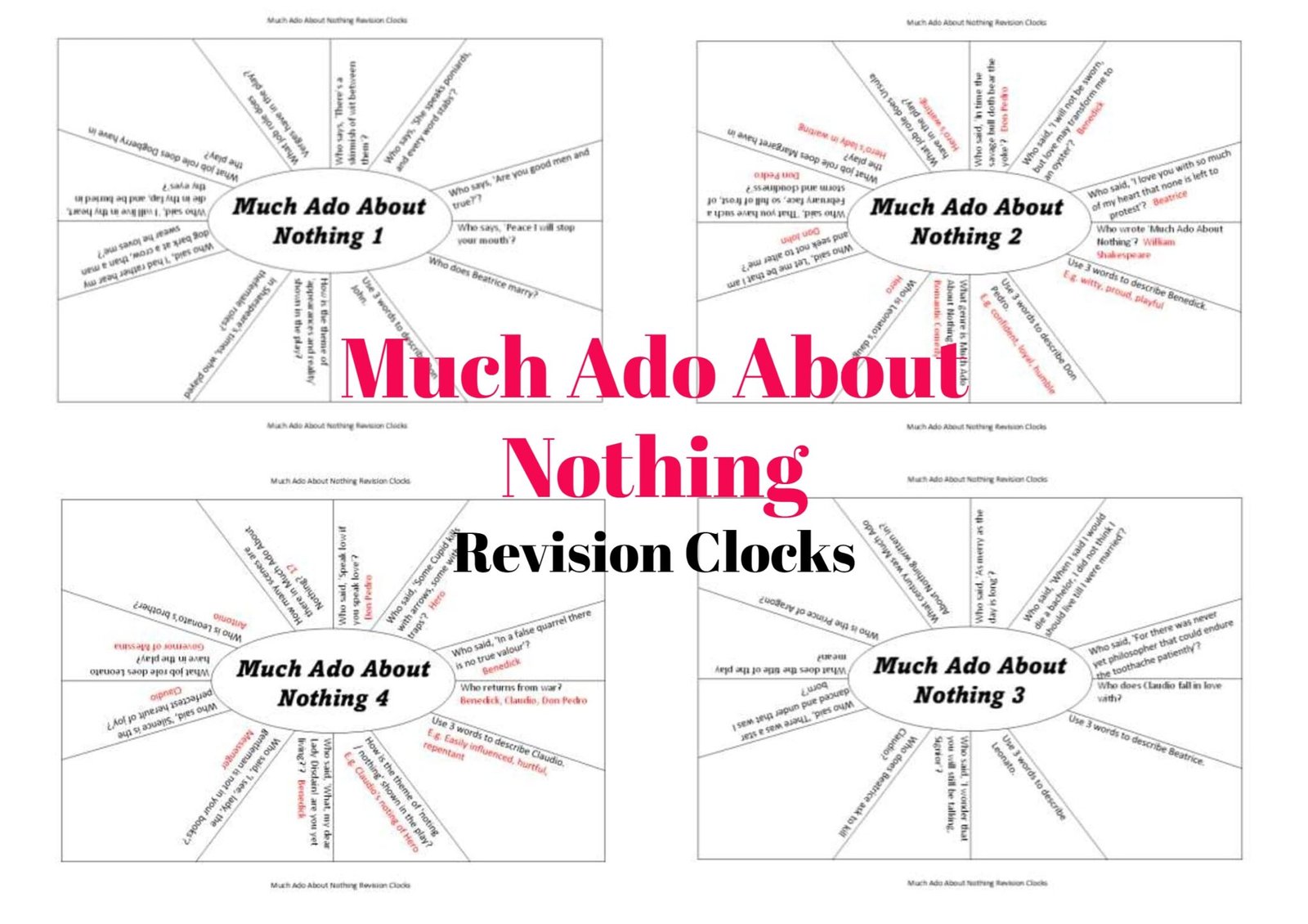 5 Worksheets with 12 Questions on Much Ado About Nothing