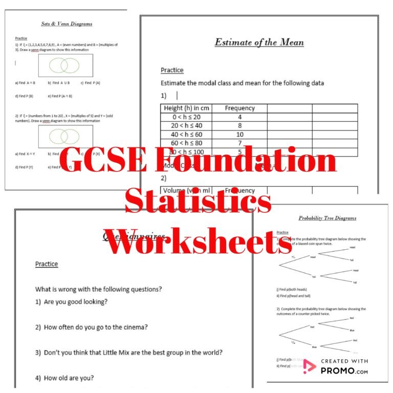 10 GCSE Statistics Worksheets for Foundation Level with Practice and ...