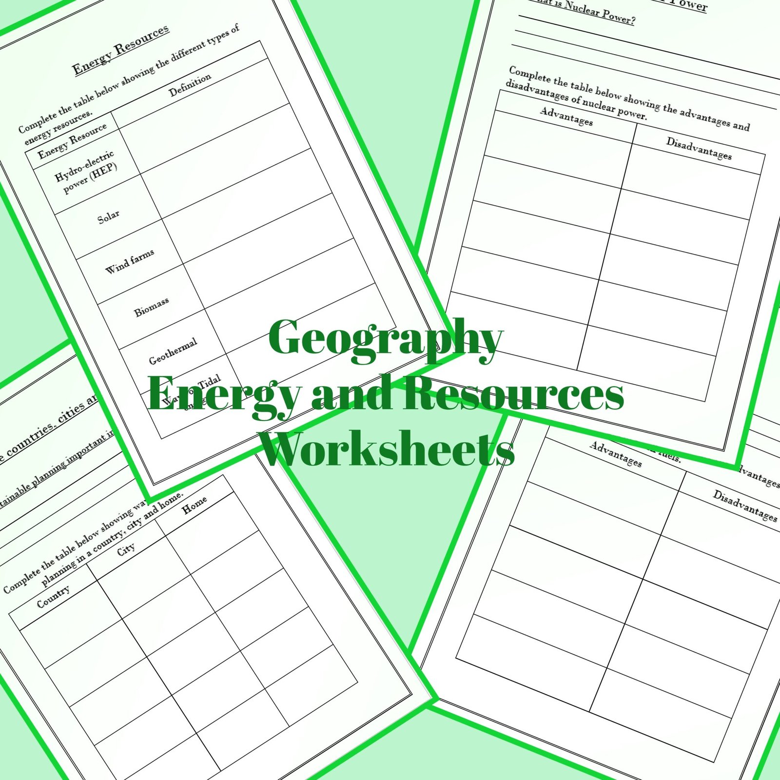 KS3 Geography Resource: Worksheets for Learning Energy and Resources