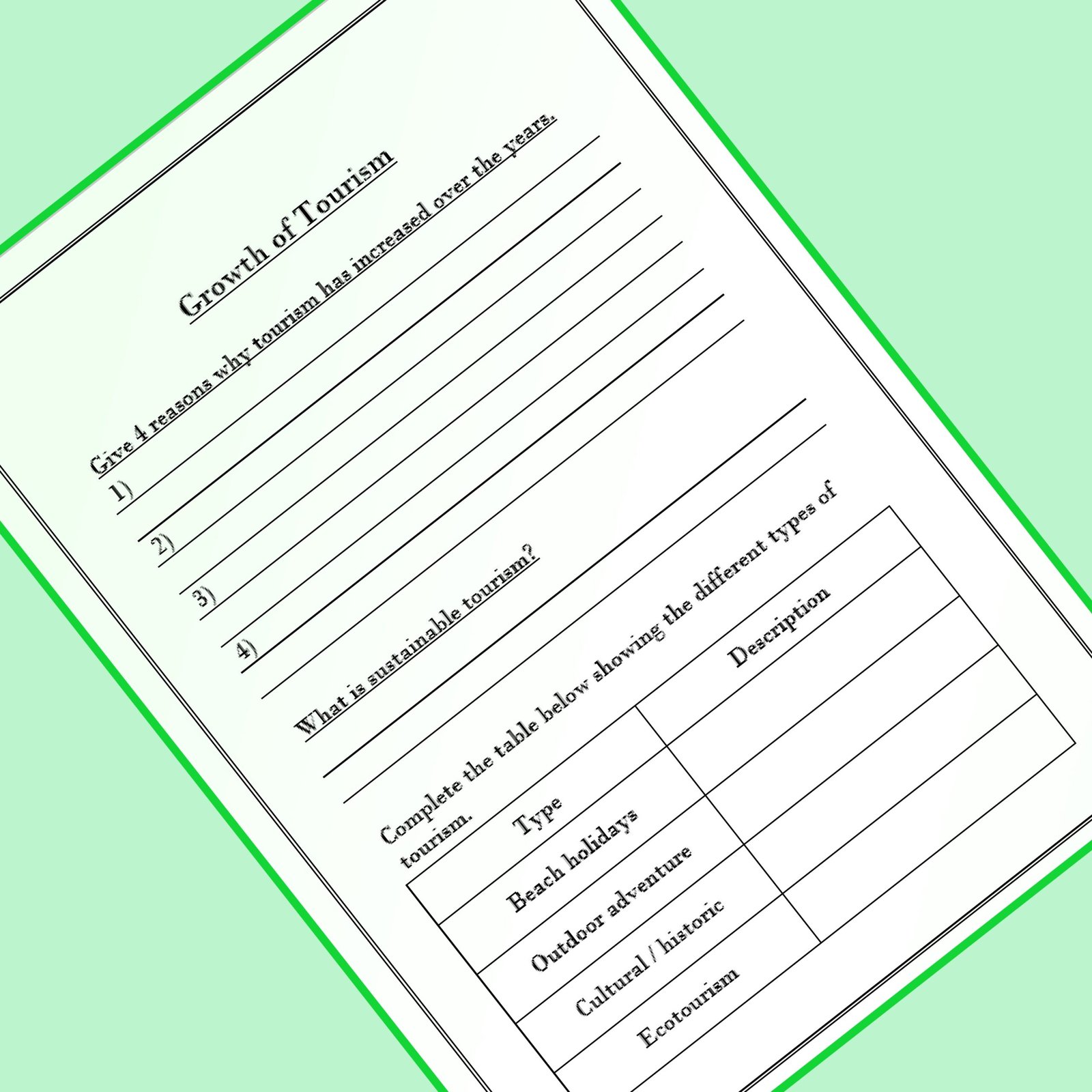 KS3 Geography: Worksheets for Learning Tourism
