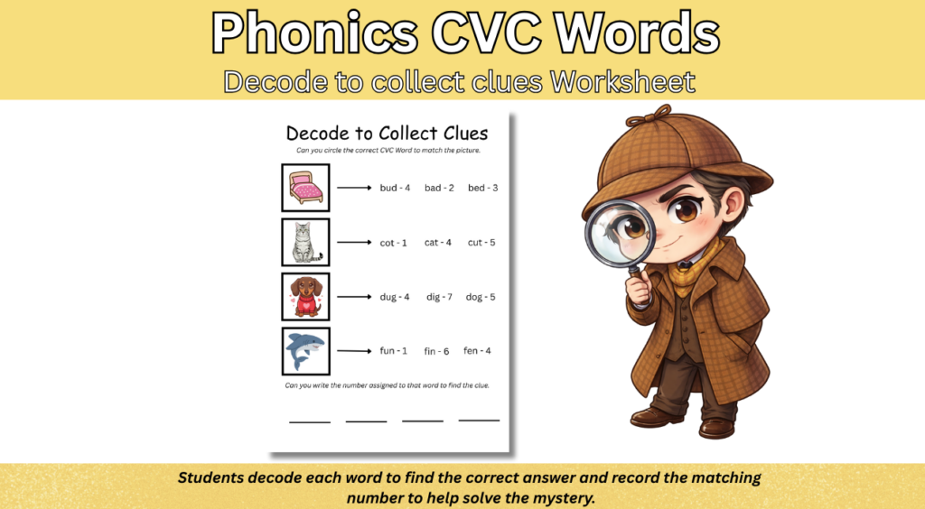CVC Word Decoding Mystery Worksheet for Phonics