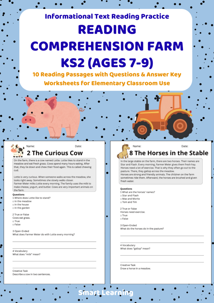 Farm Reading Comprehension Worksheets Ages 7–9