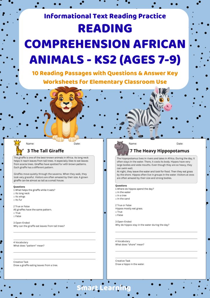 African Animals Reading Comprehension Worksheets